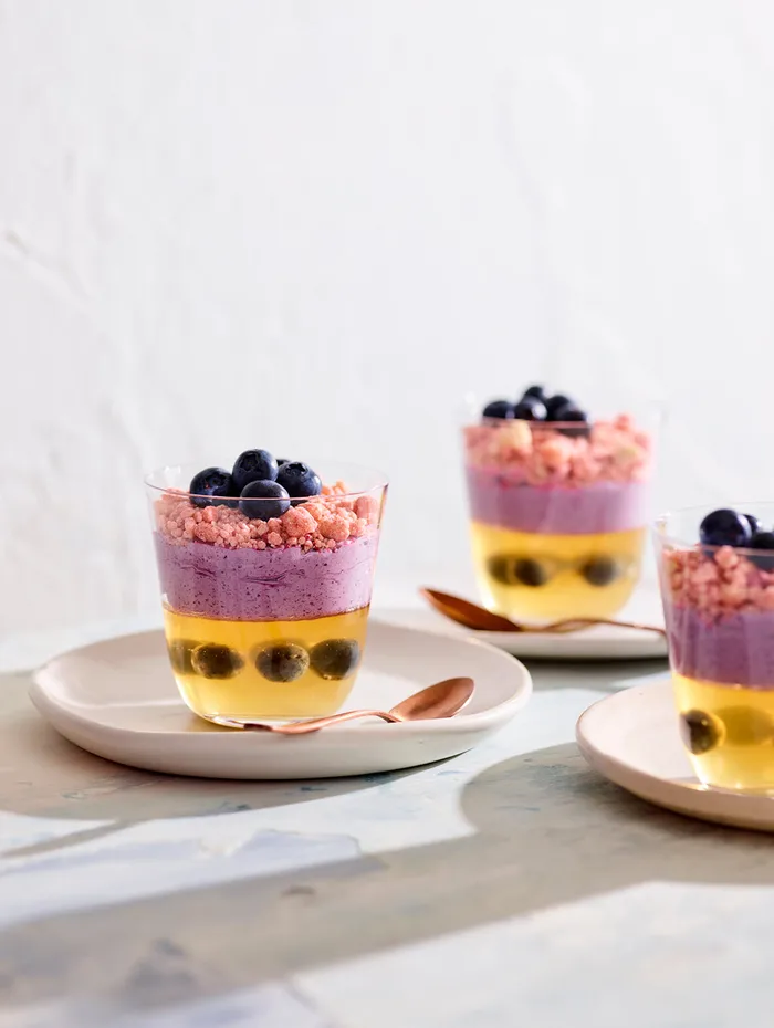 Blueberry mousse with jasmine jelly and shortbread sherbet crumb