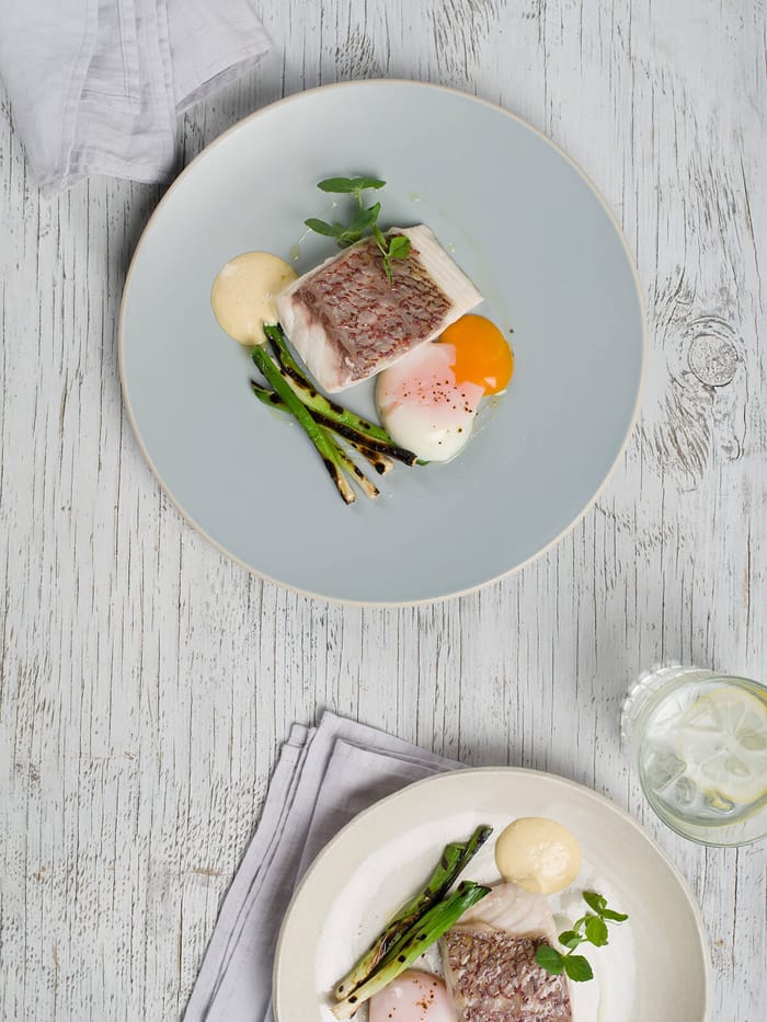 Sous-vide snapper, char-grilled leek, 65°C hen egg, mustard mayonnaise