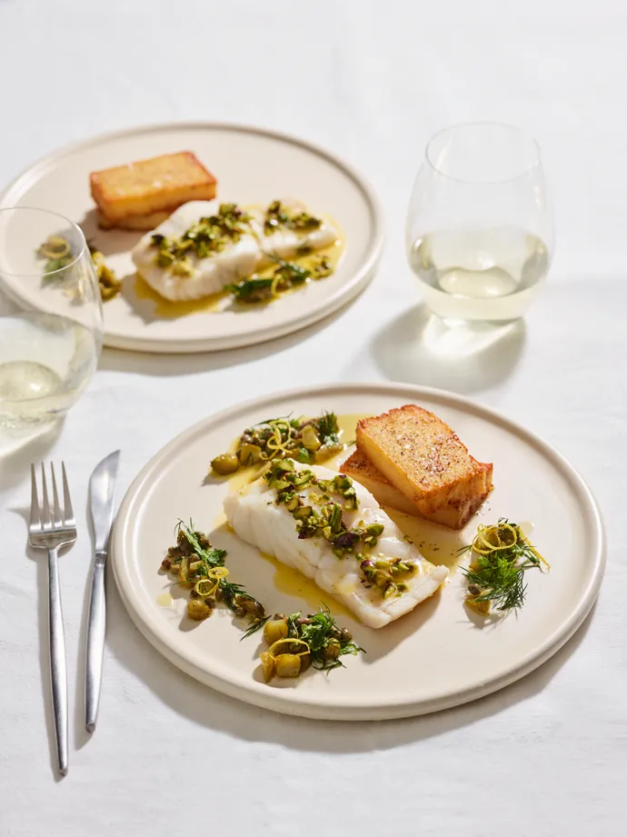 Steamed Fish With Pistachio Butter, Served With Potato Pavé Recipe ...