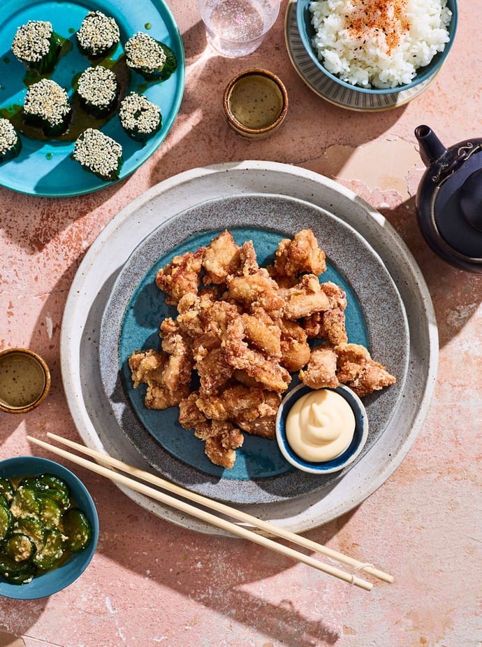 Karaage chicken with spinach and pickled cucumbers