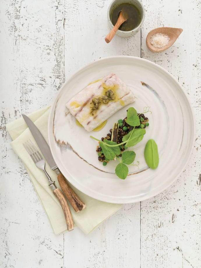 Jewfish with pea textures