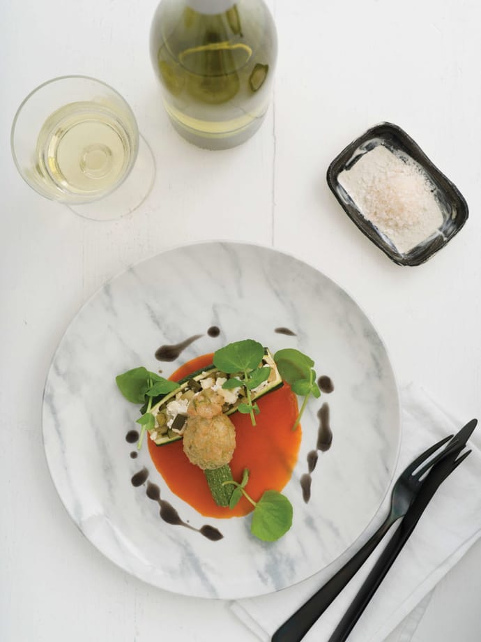 Steamed courgette flowers, roasted zucchini, pipérade sauce