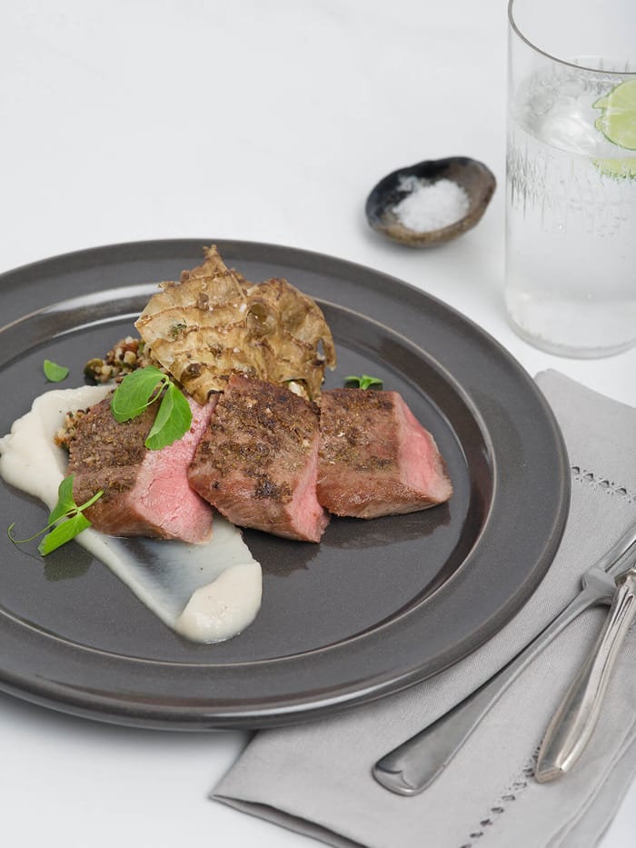 Lamb Backstrap, Jerusalem Artichoke Puree, Grain Salad and Artichoke Crisps