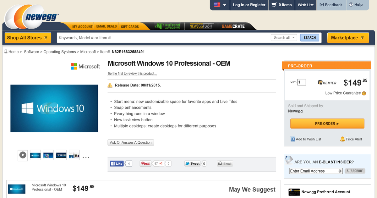 Did Newegg reveal the cost and release date of Windows 10 Professional?
