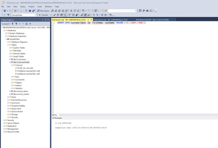 A single row of data has been added to the table A single row of data has been added to the table