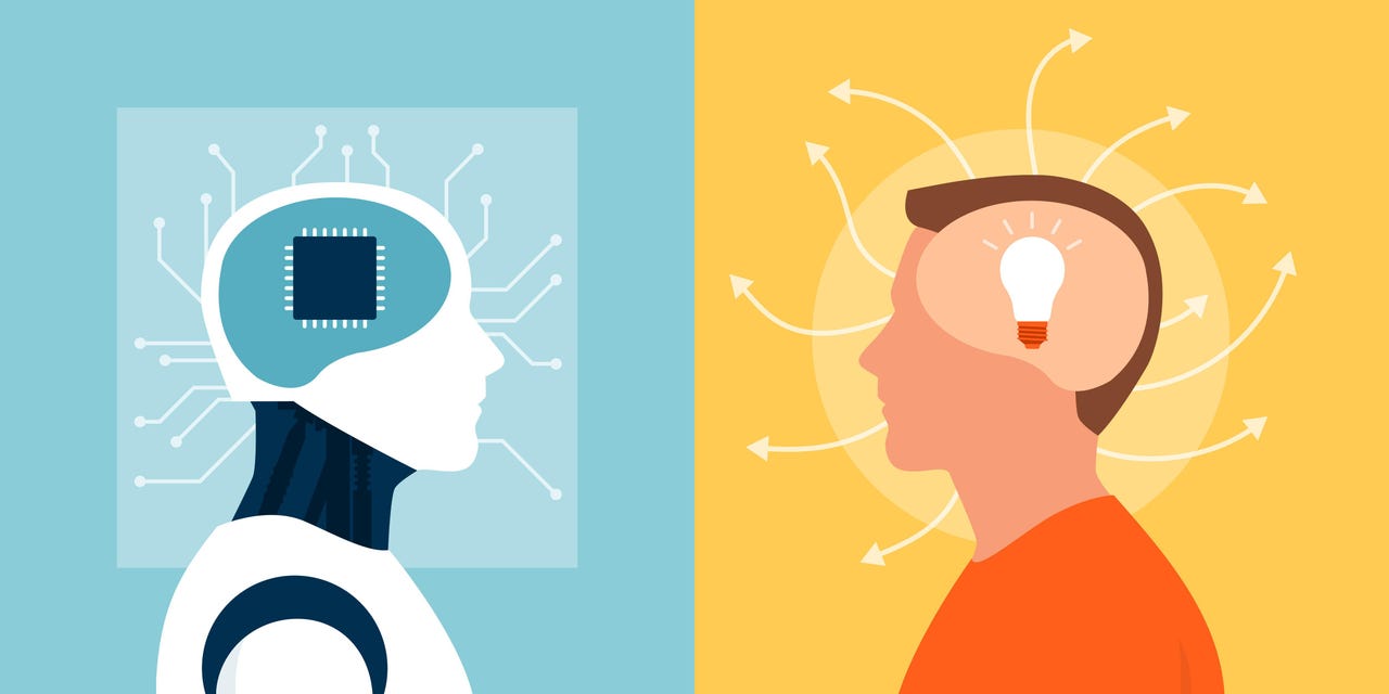 a robot and a man face one another a robot and a man face one another