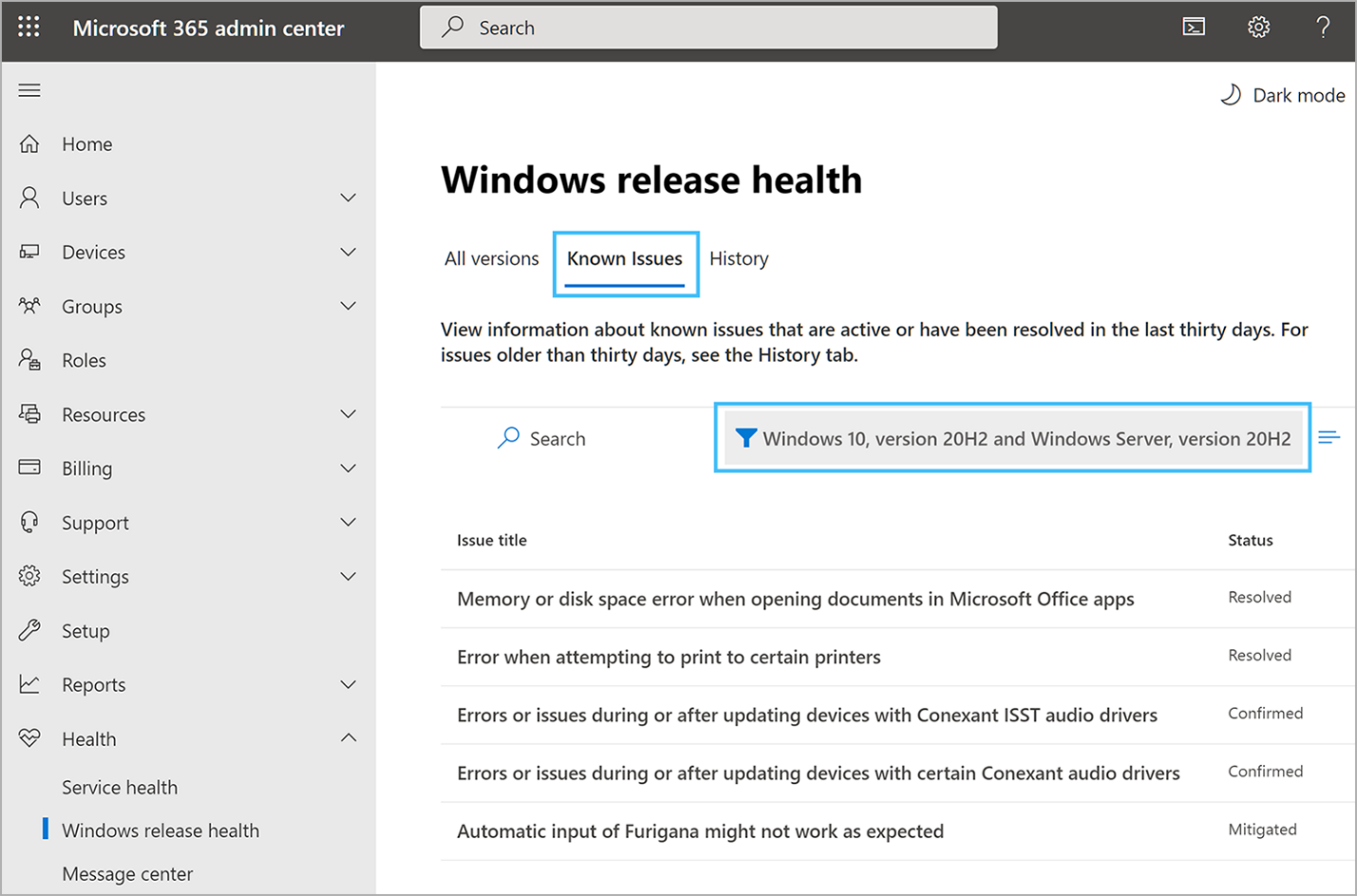 Windows Release Health Dashboard Now in Microsoft 365 Admin Center