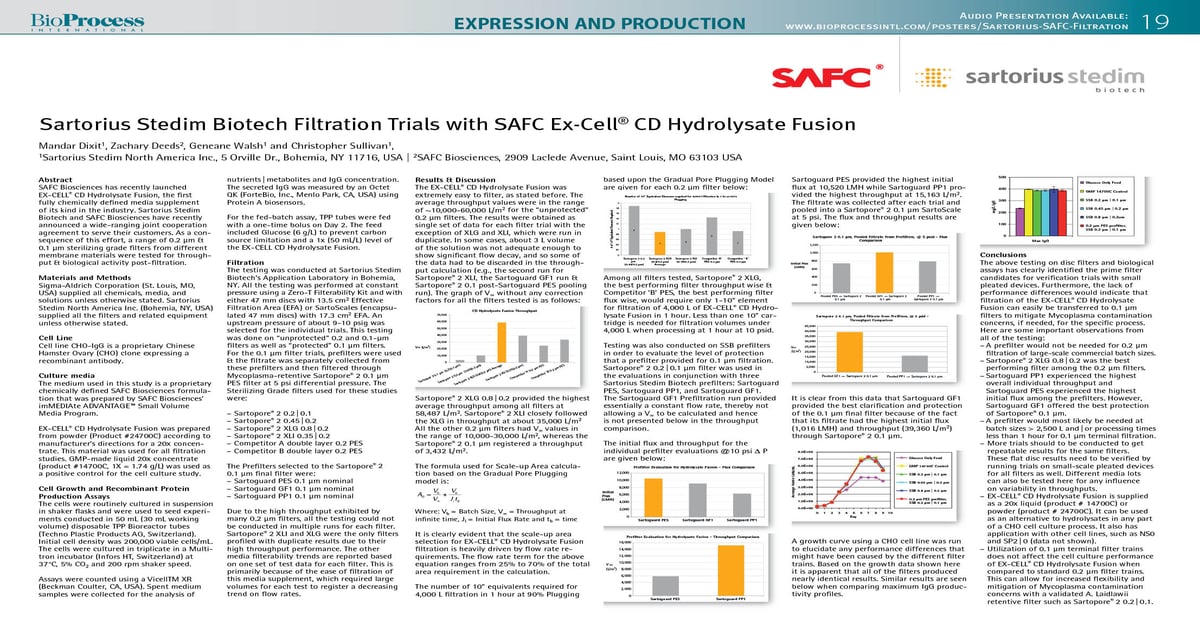 Sartorius Stedim Biotech Filtration Trials with SAFC Ex-Cell ...