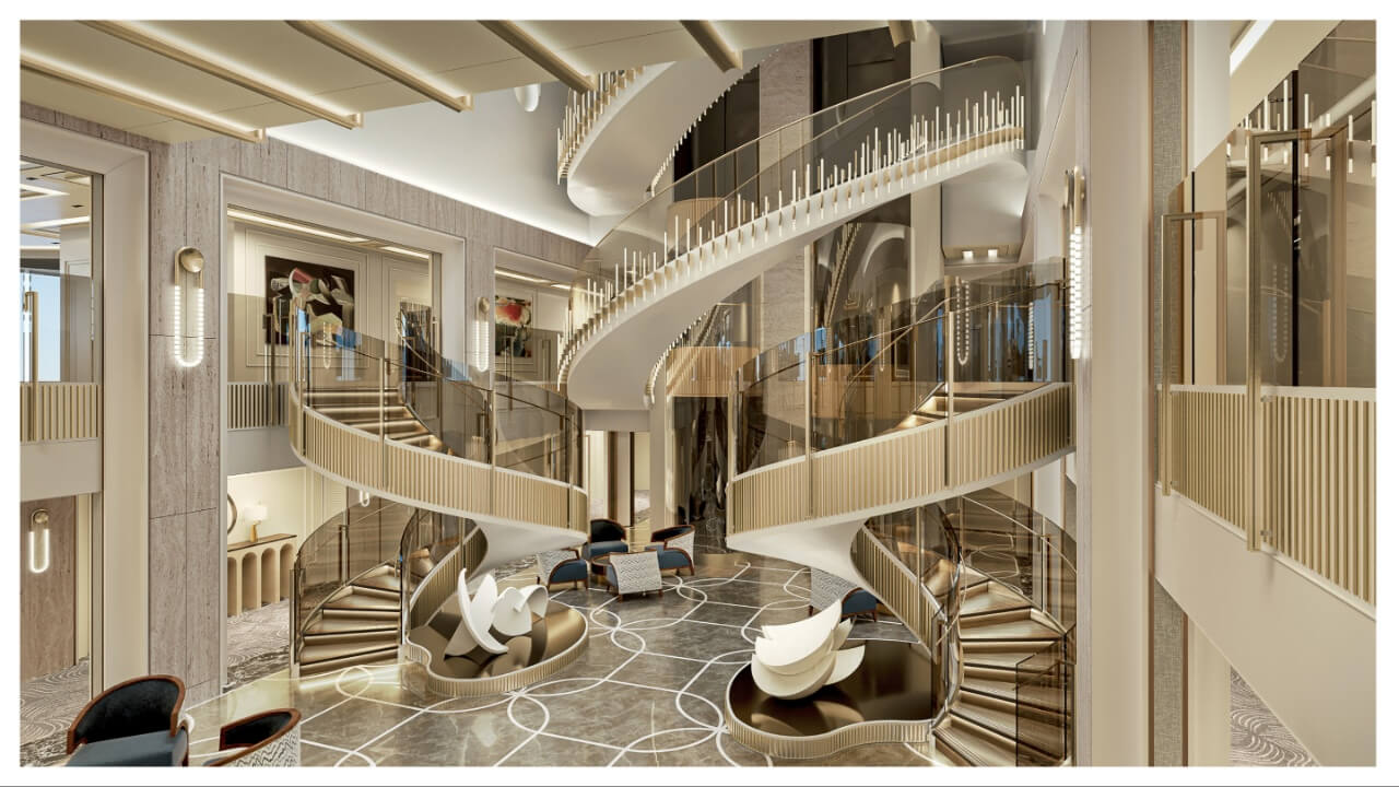 Spacious atrium at the heart of Regent's Seven Seas Prestige
