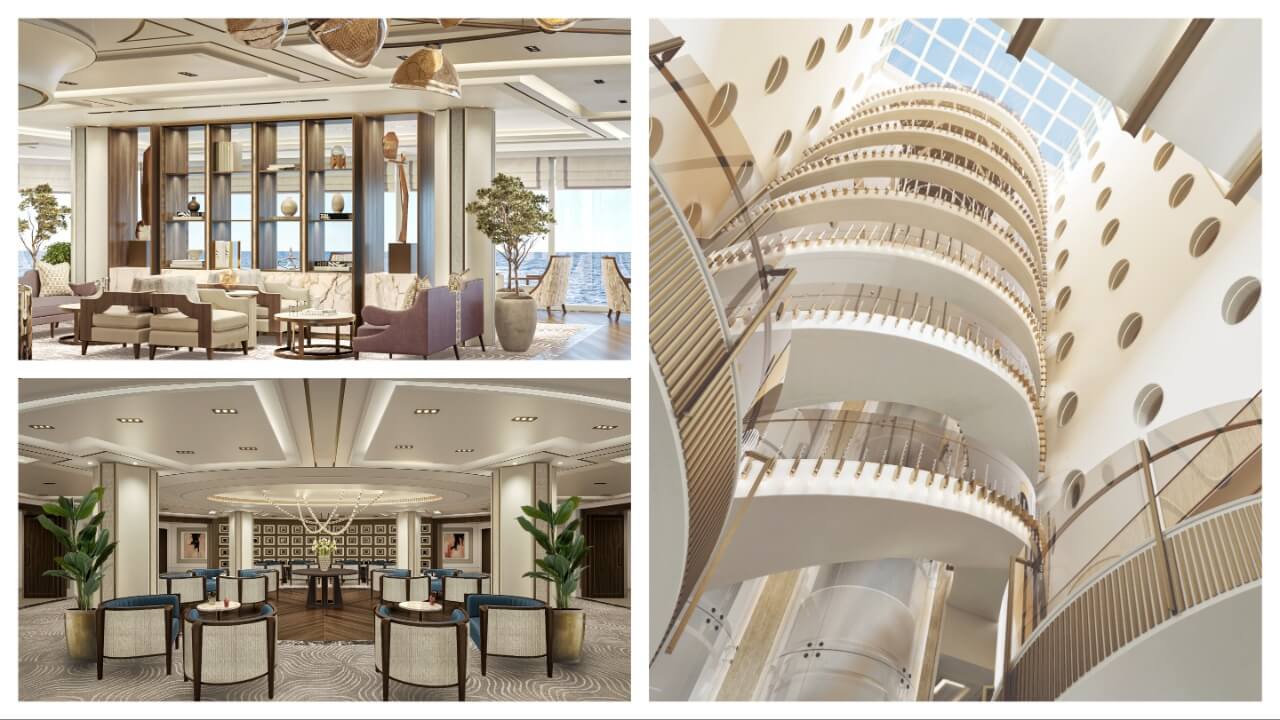 Spacious atrium at the heart of Regent's Seven Seas Prestige