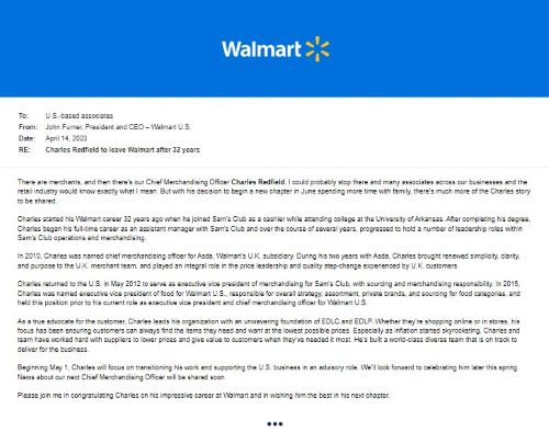 Walmart Chief Merchandising Officer Charles Redfield to depart
