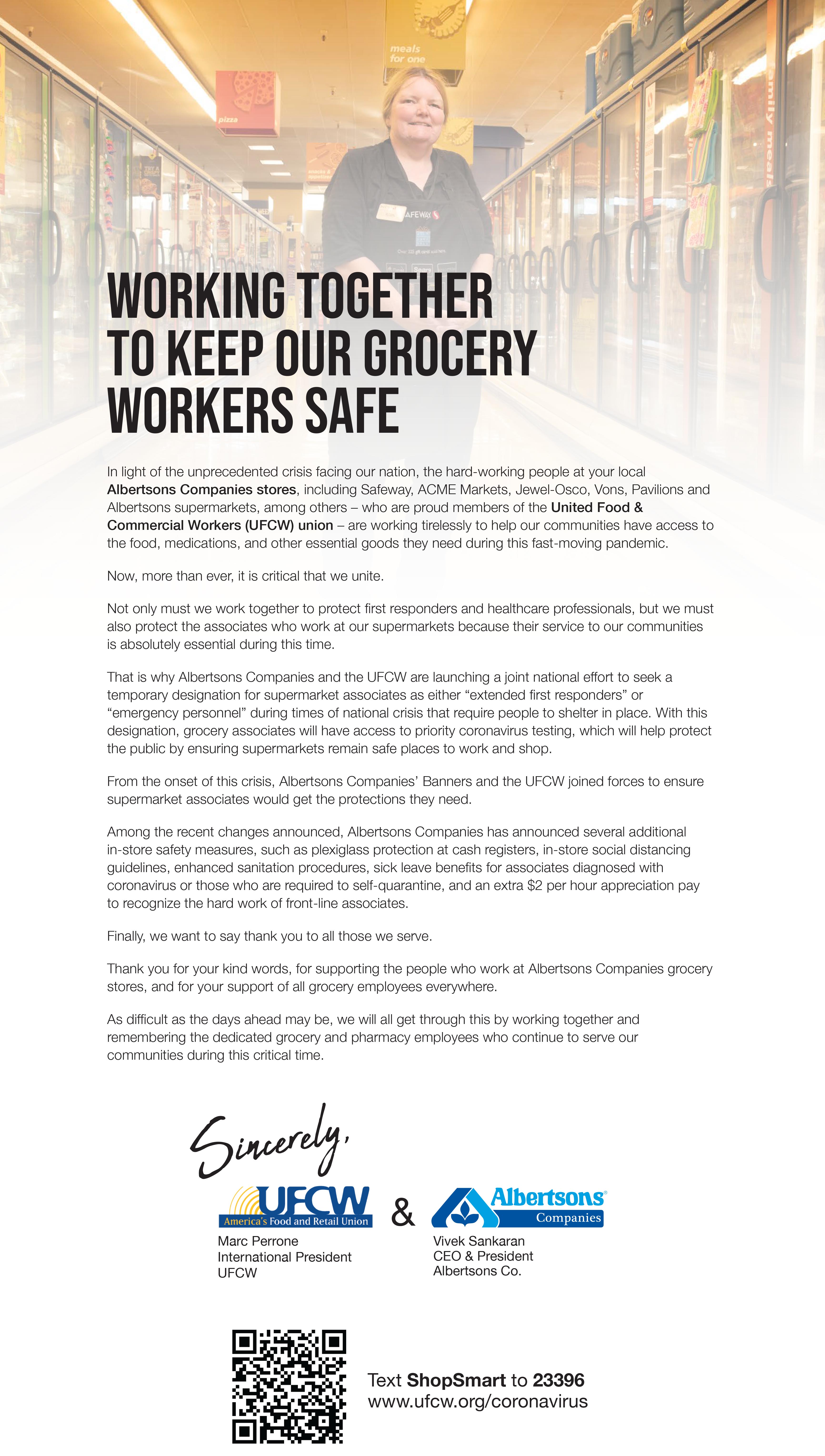 Albertsons and UFCW Seek First-Responder Status for Grocery Workers