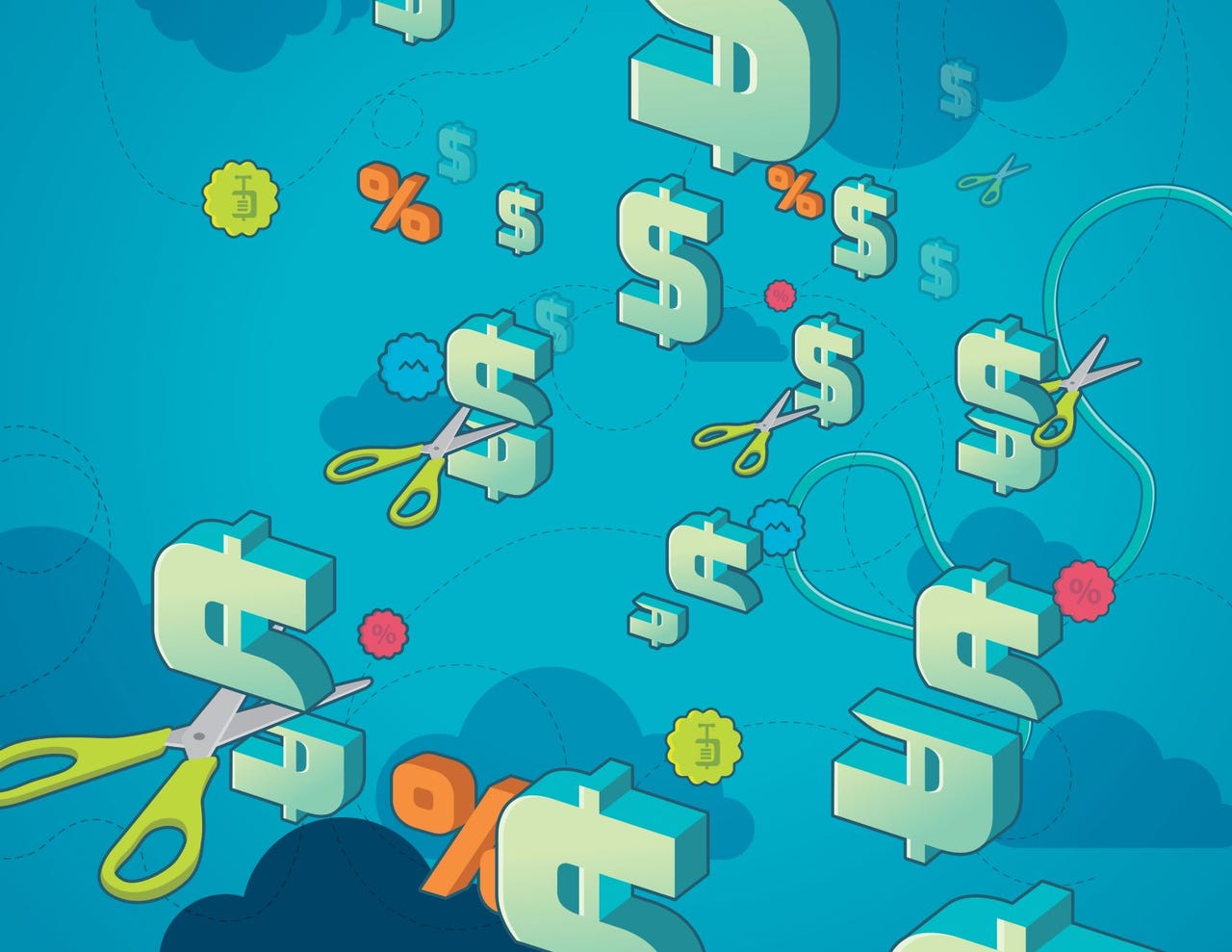 Illustration of scissors and dollar symbol depicting concept of cost cutting Illustration of scissors and dollar symbol depicting concept of cost cutting