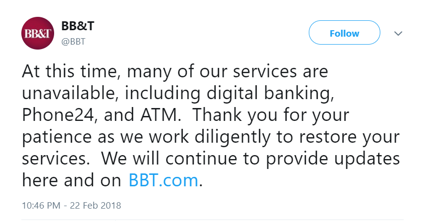 BB&T banking systems go down