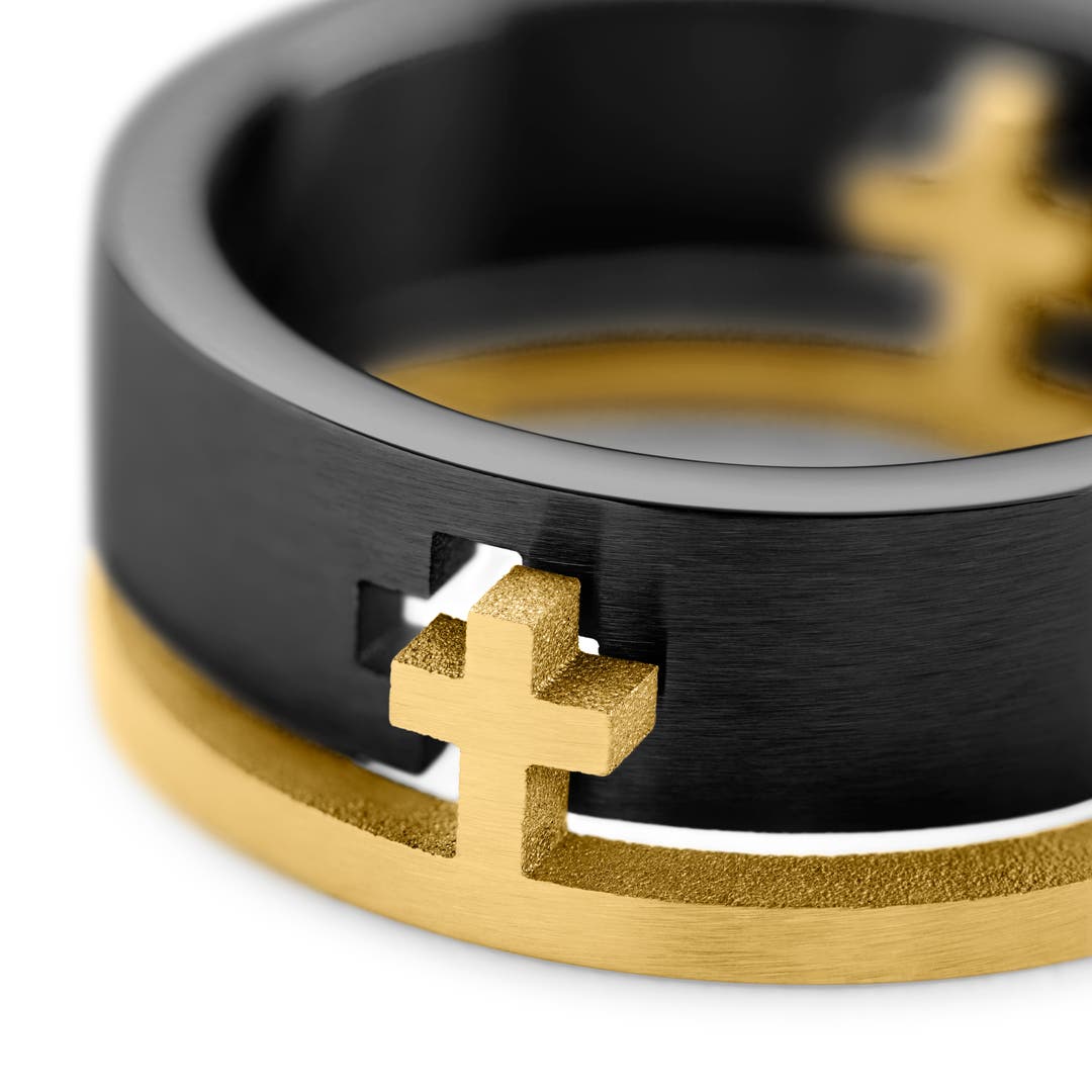 Unity | 8 mm Zwarte en Goudkleurige Ring met Kruis | Op voorraad | Arkai Unity | 8 mm Zwarte en Goudkleurige Ring met Kruis | Op voorraad | Arkai