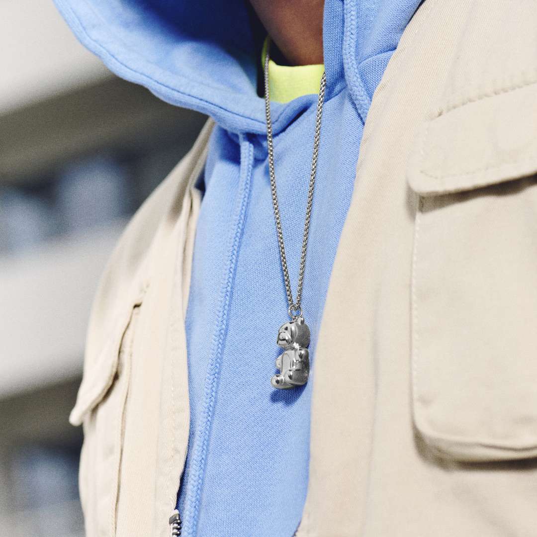 Egan | Silver-Tone Stainless Steel Teddy Bear Box Chain Necklace | In ...