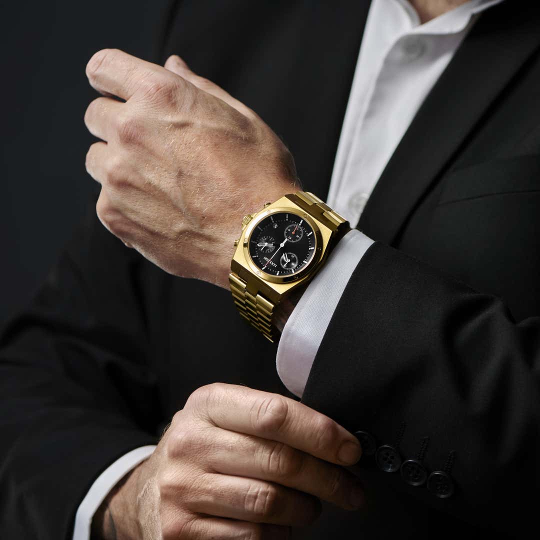 Ray | Gold-Tone Stainless Steel Chronograph Watch With Black Dial | In ...