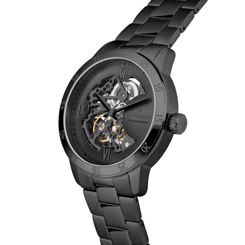 Dante II | Black Stainless Steel Skeleton Watch With Black Dial | In ...