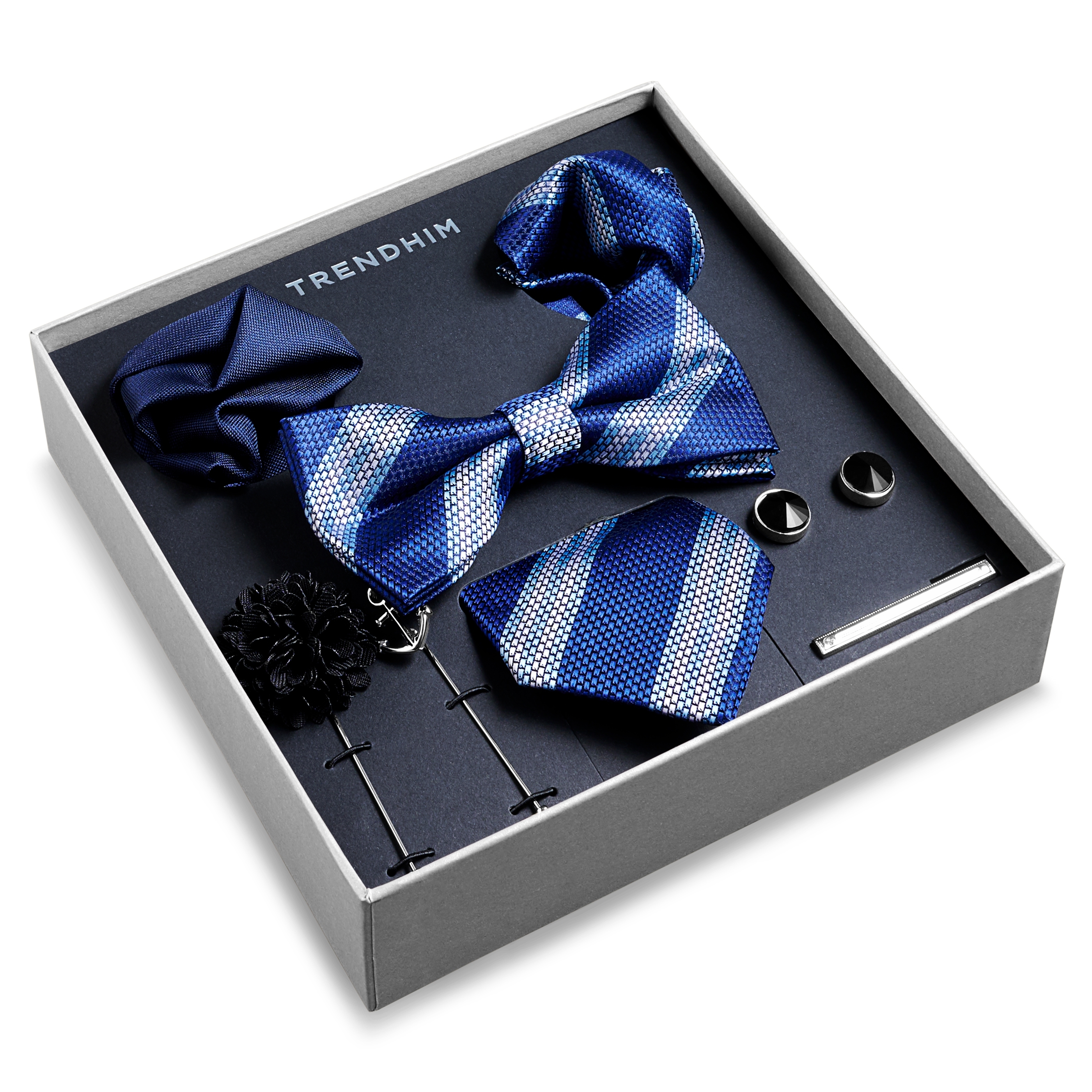 Anzug Accessoire Geschenkbox | Gestreiftes Blau & Silber-Ton Set | Auf ...