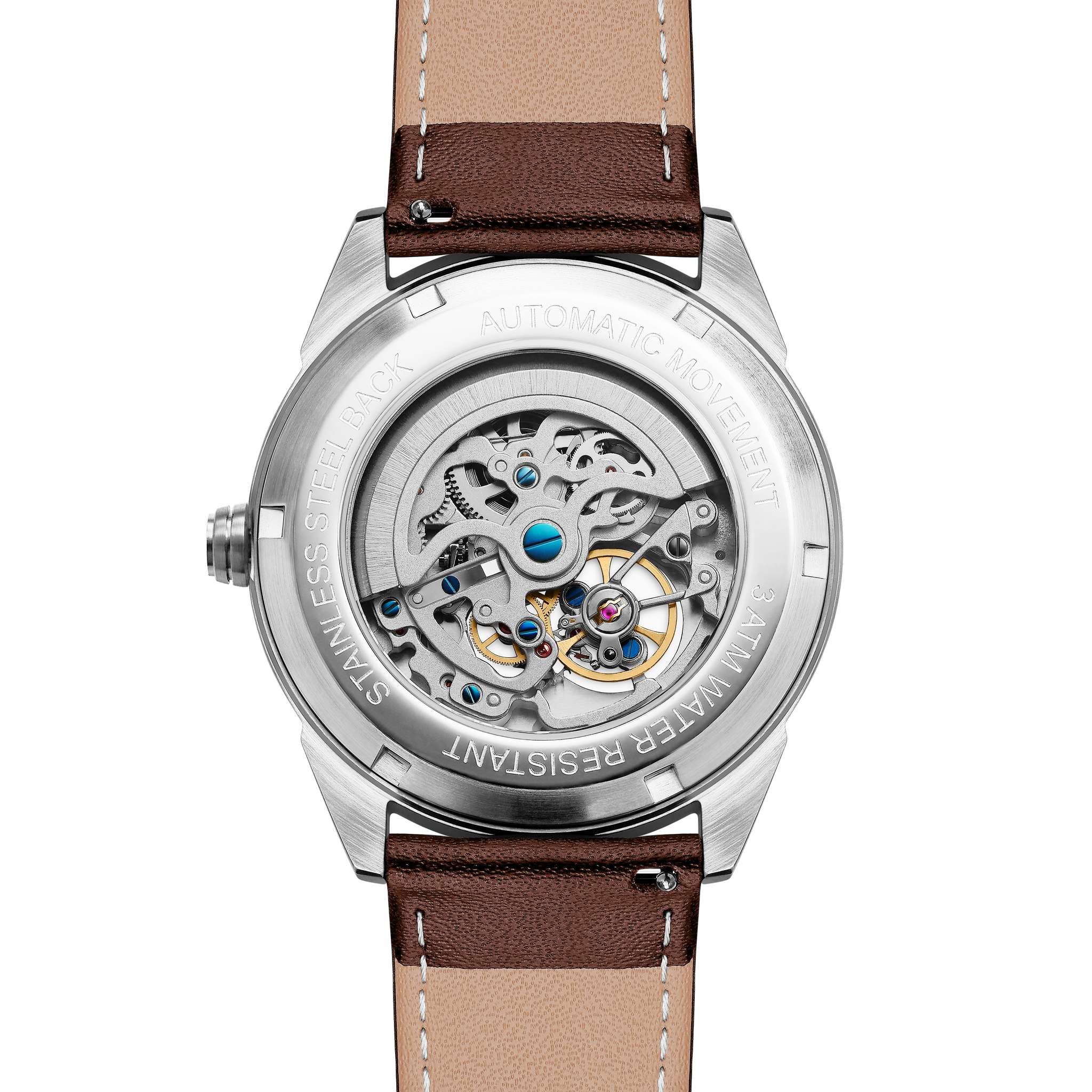 Cor | Silver-Tone Automatic Skeleton Watch With Blue Dial & Brown ...
