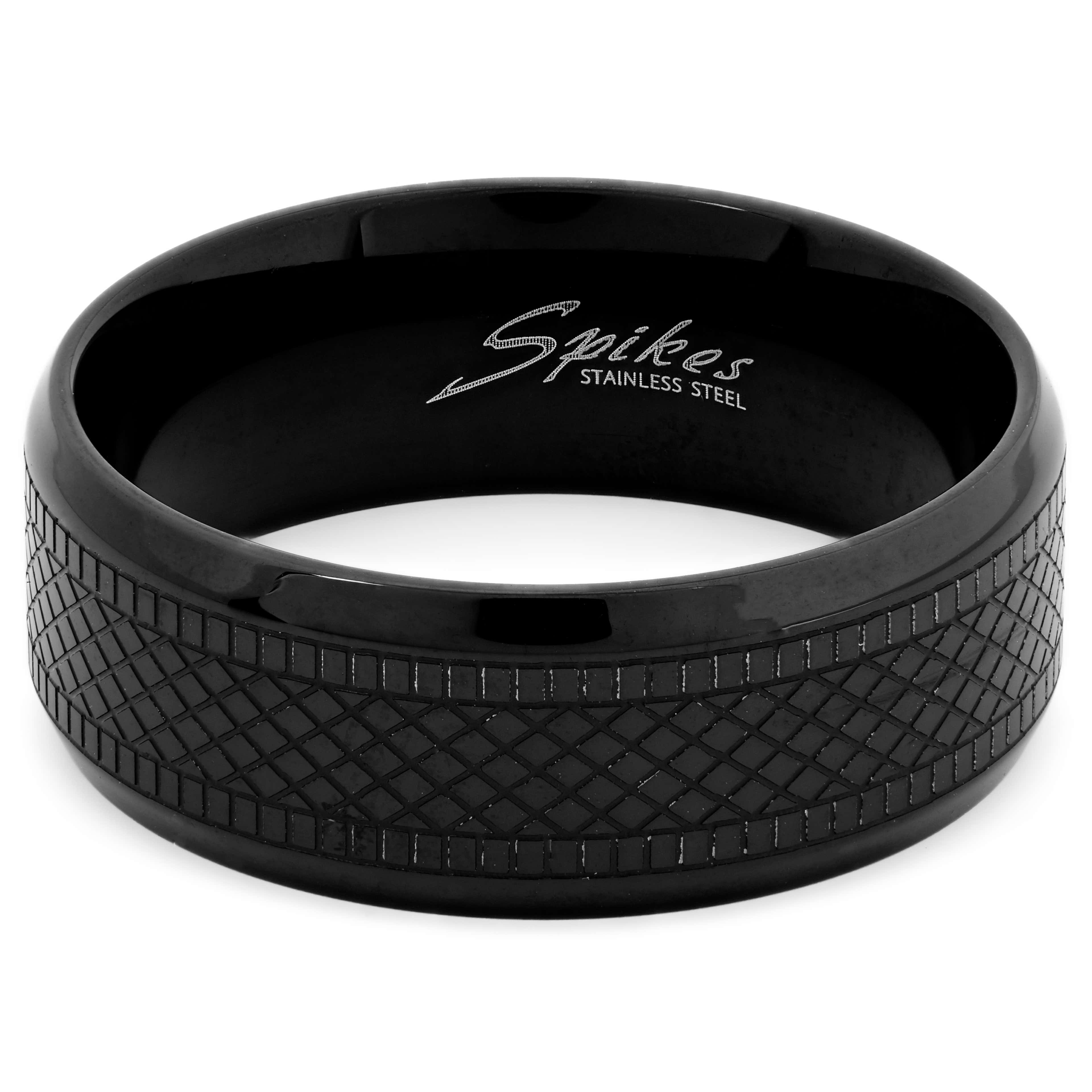 Black Repeating Pattern Stainless Steel Ring In Stock Fort Tempus black-repeating-pattern-stainless-steel-ring-in-stock-fort-tempus