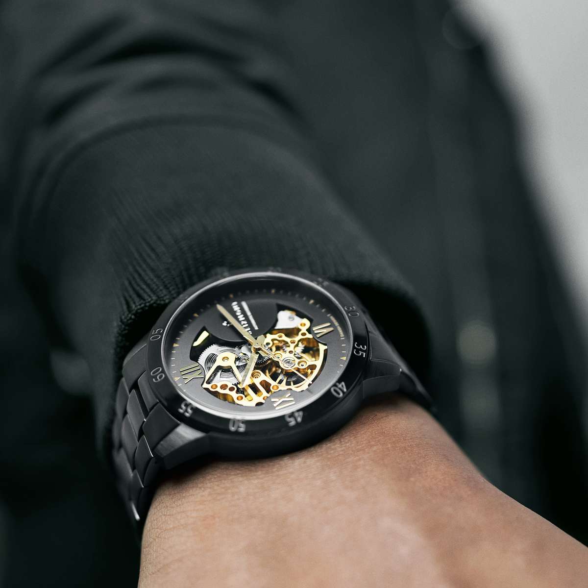 Dante II | Black Stainless Steel Skeleton Watch With Black Dial & Gold ...