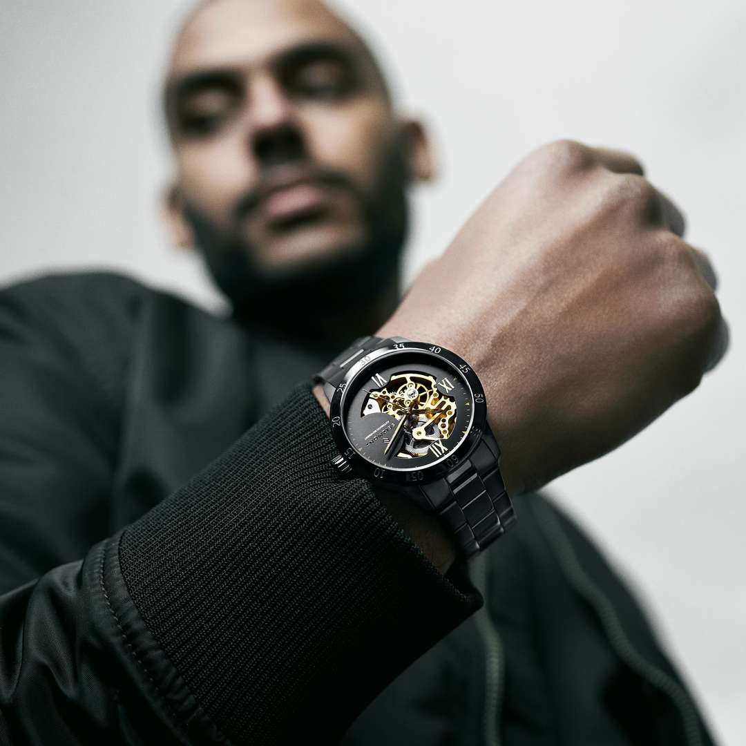 Dante II | Black Stainless Steel Skeleton Watch With Black Dial & Gold ...