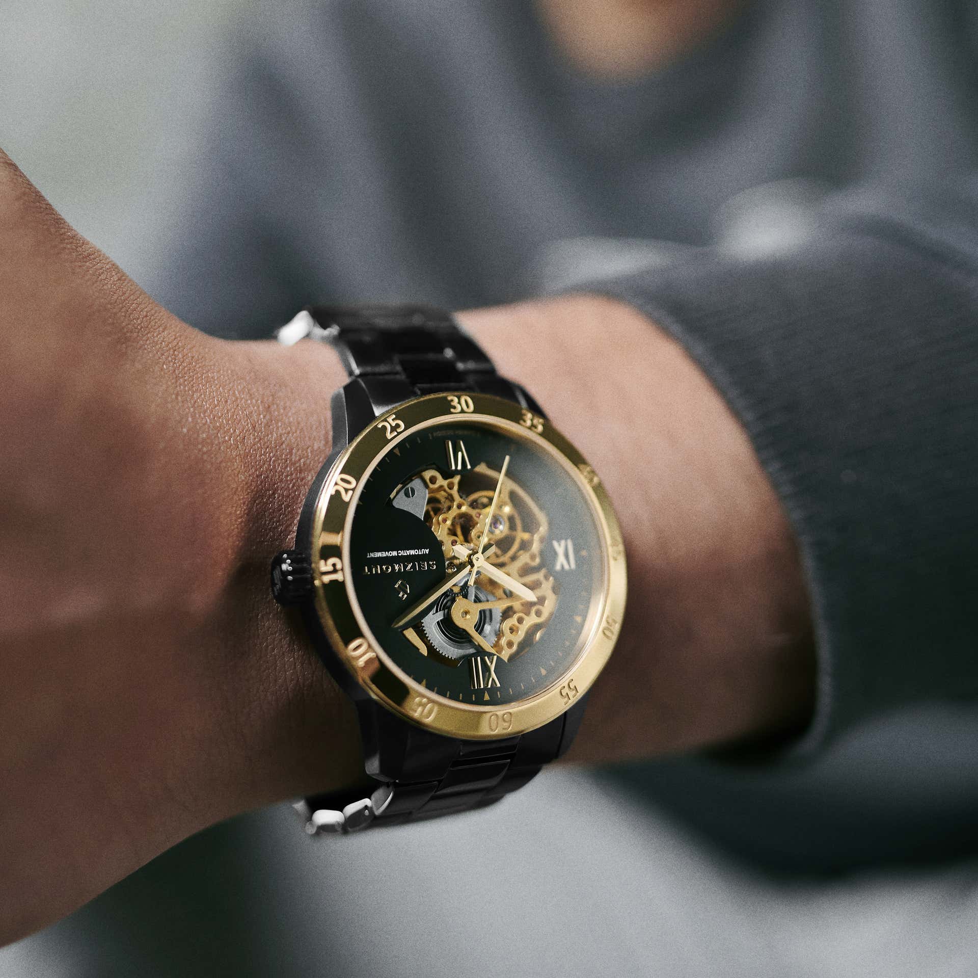 Dante II | Gold-Tone & Black Stainless Steel Skeleton Watch With Black ...