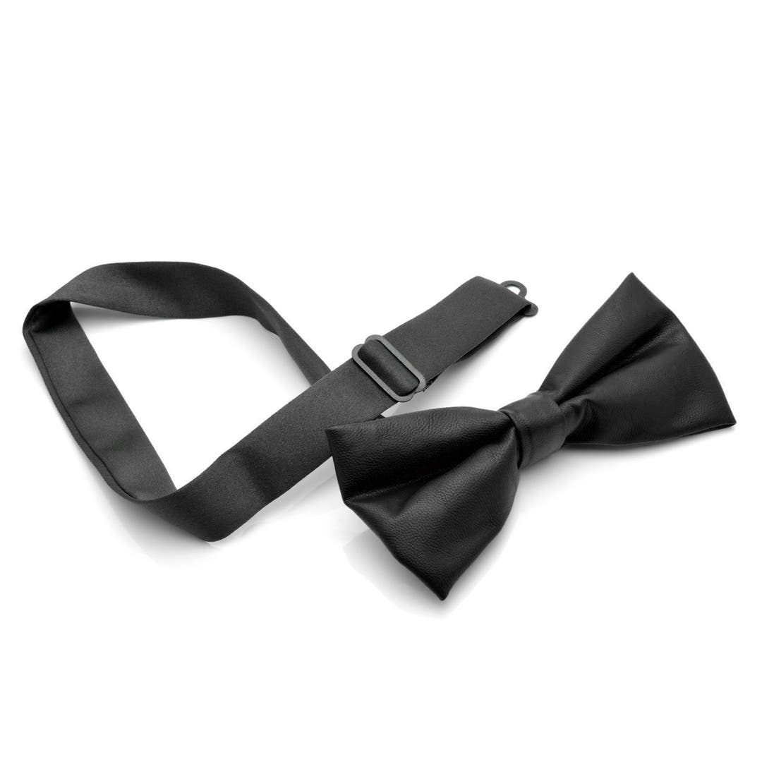 Black Faux Leather Pre Tied Bow Tie In Stock Tailor Toki
