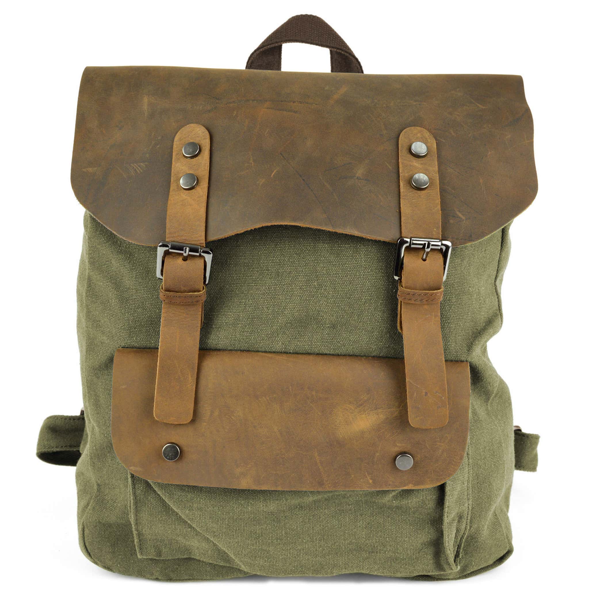 Olive Green Canvas & Dark Earth Leather Pull-up Backpack | In stock! | Delton Bags