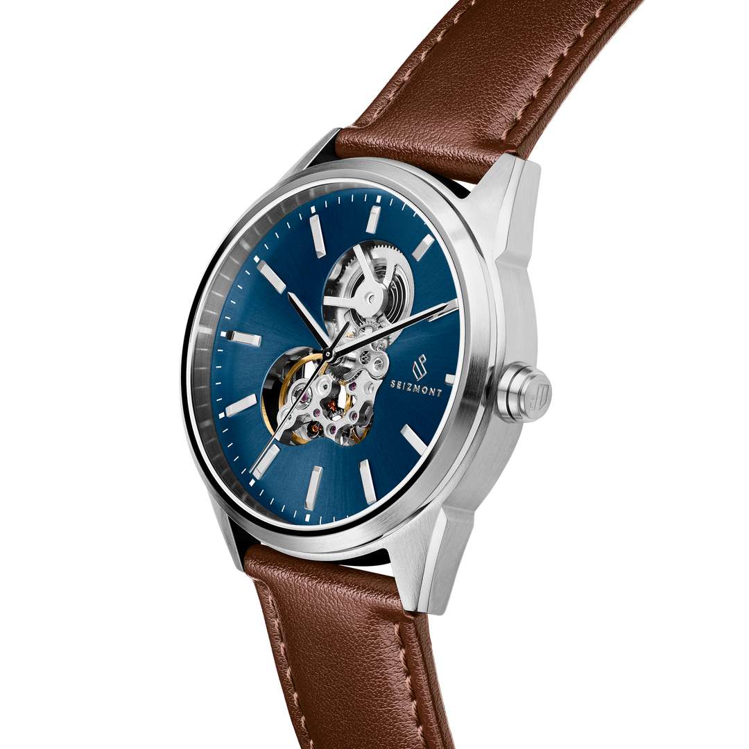 Cor | Silver-Tone Automatic Skeleton Watch With Blue Dial & Brown ...