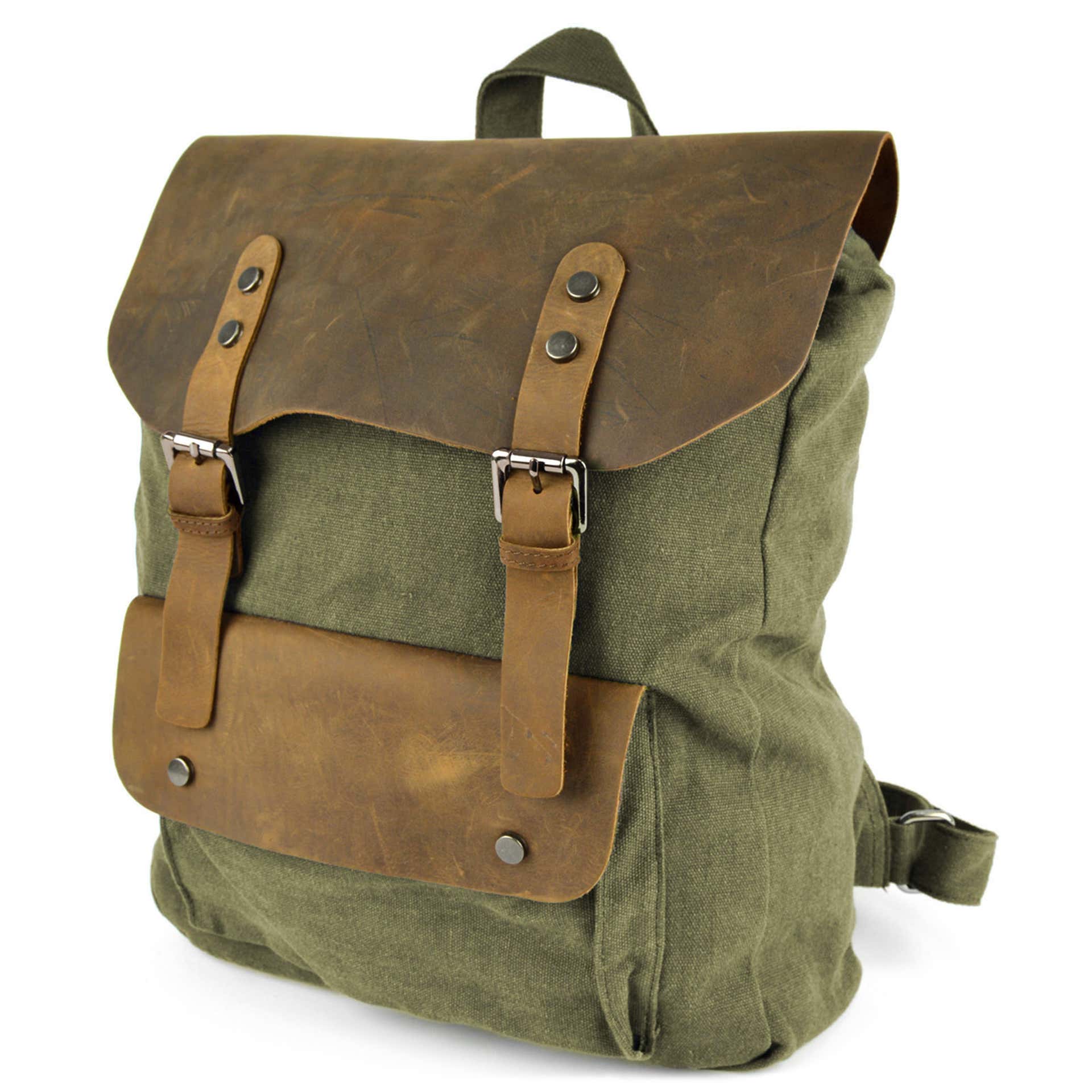 Olive Green Canvas & Dark Earth Leather Pull-up Backpack | In stock ...