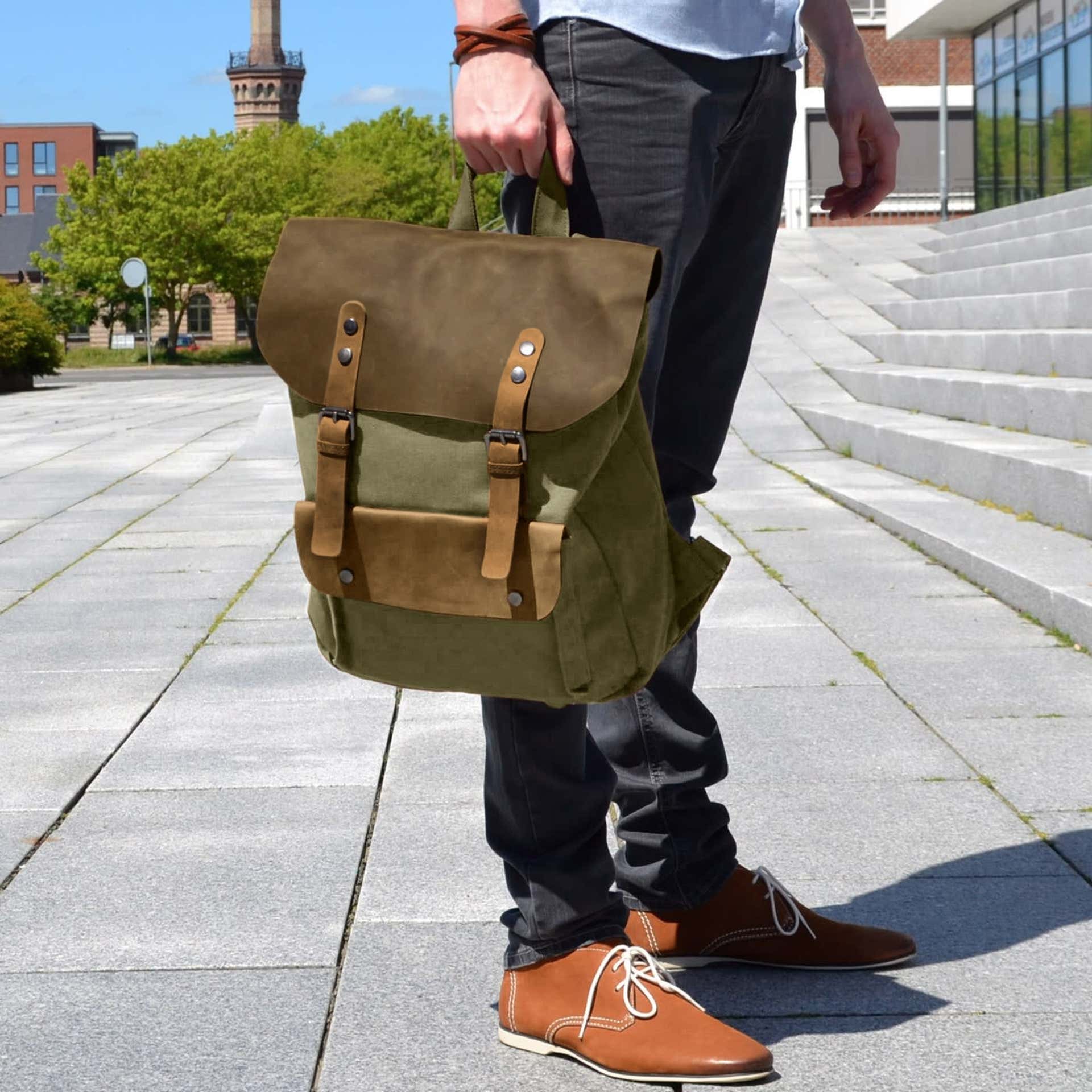 Olive Green Canvas & Dark Earth Leather Pull-up Backpack | In stock ...