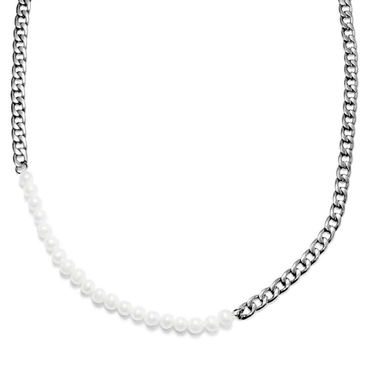 Amager | 7 mm Silver-Tone Stainless Steel & White Pearl Curb Chain ...