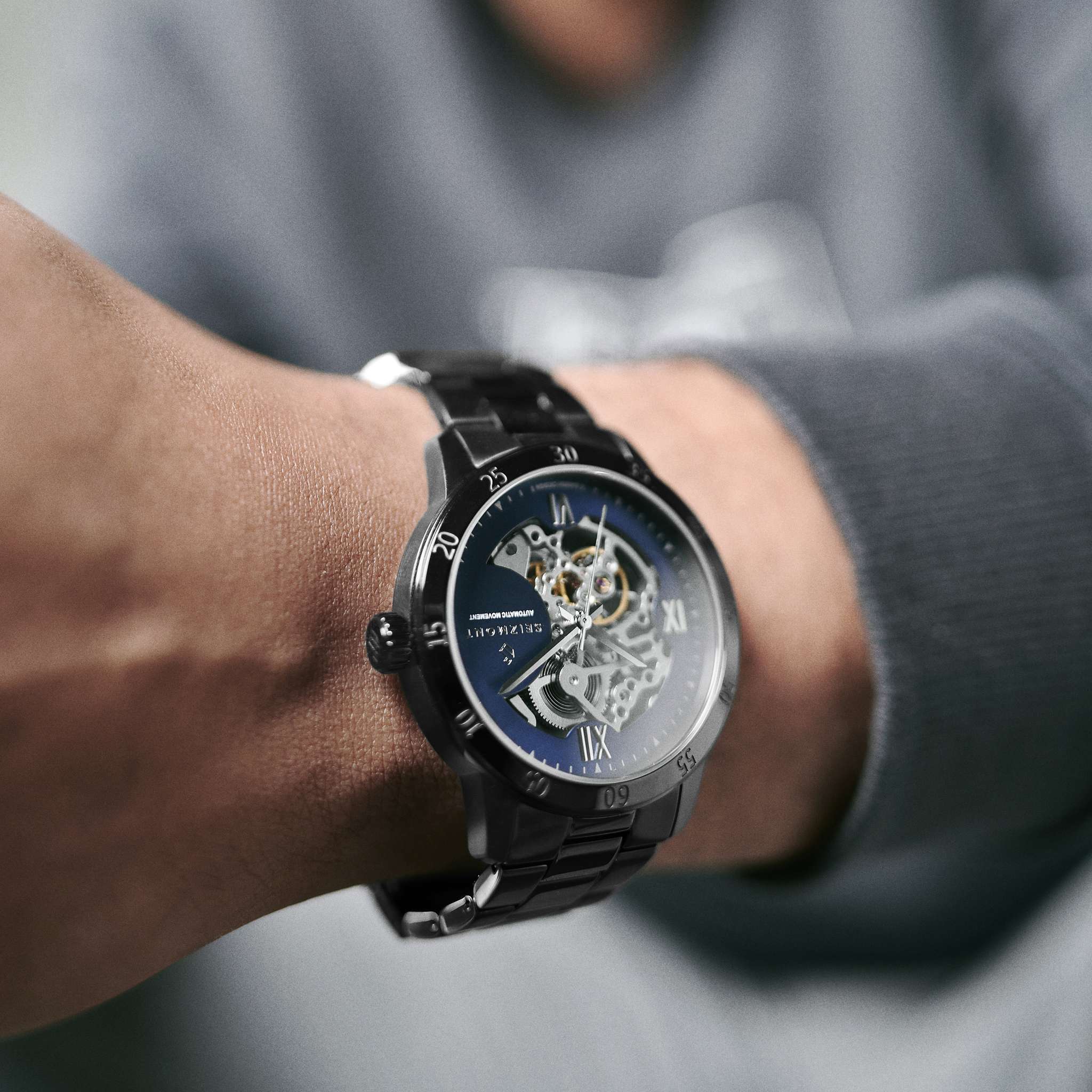 Dante II | Black Stainless Steel Skeleton Watch With Blue Dial | In ...