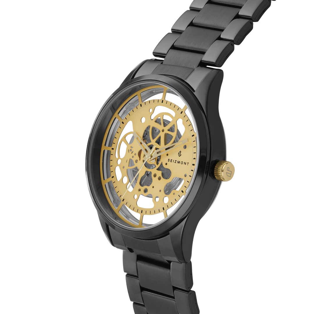 Phantom | Black Stainless Steel Skeleton Watch With Gold-Tone Dial | In ...