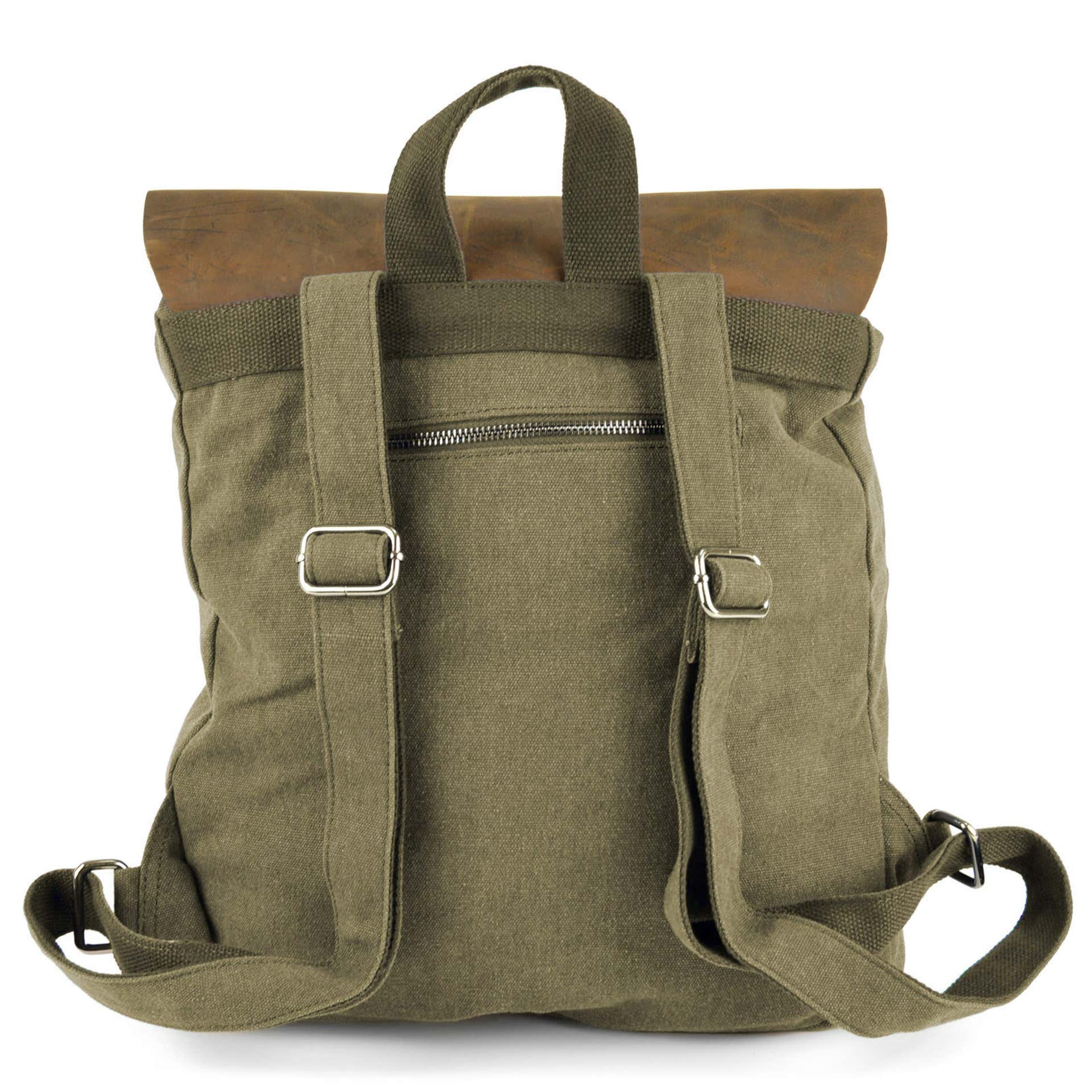 Olive Green Canvas & Dark Earth Leather Pull-up Backpack | In stock ...