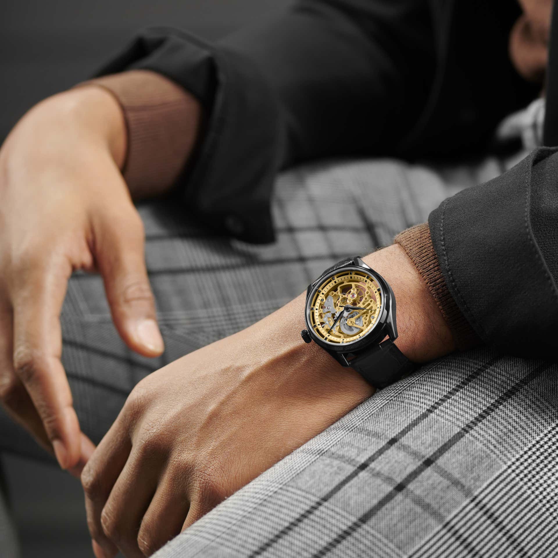 Motus | Black Stainless Steel Skeleton Watch With Gold-Tone Movement ...