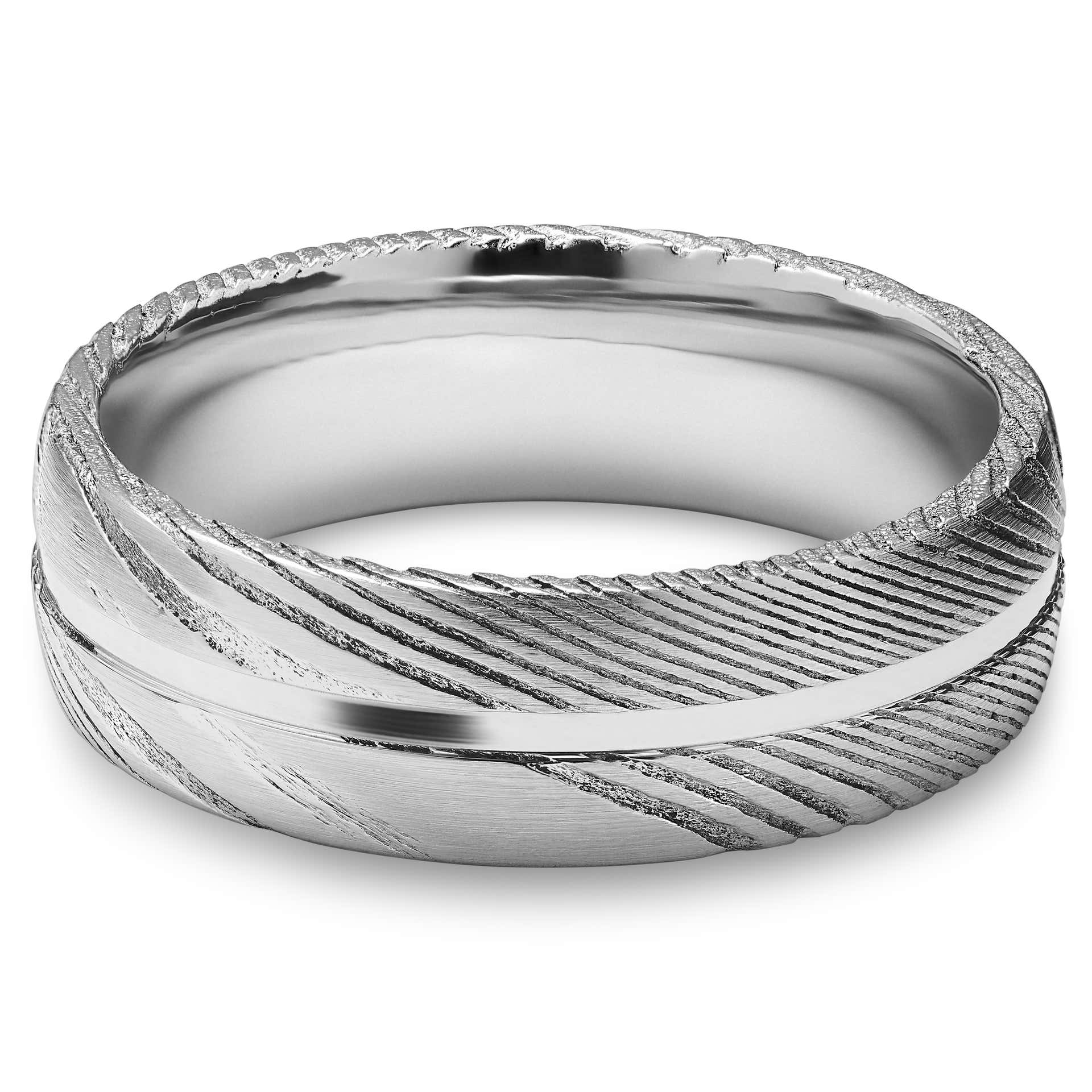 Fortis | 7 mm Grooved Silver-Tone Damascus Steel and Titanium Ring | In ...