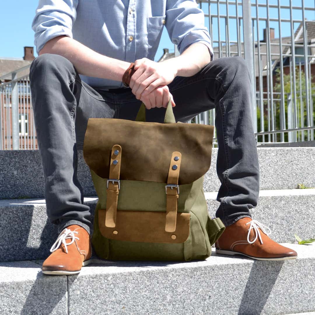 Olive Green Canvas & Dark Earth Leather Pull-up Backpack | In stock ...