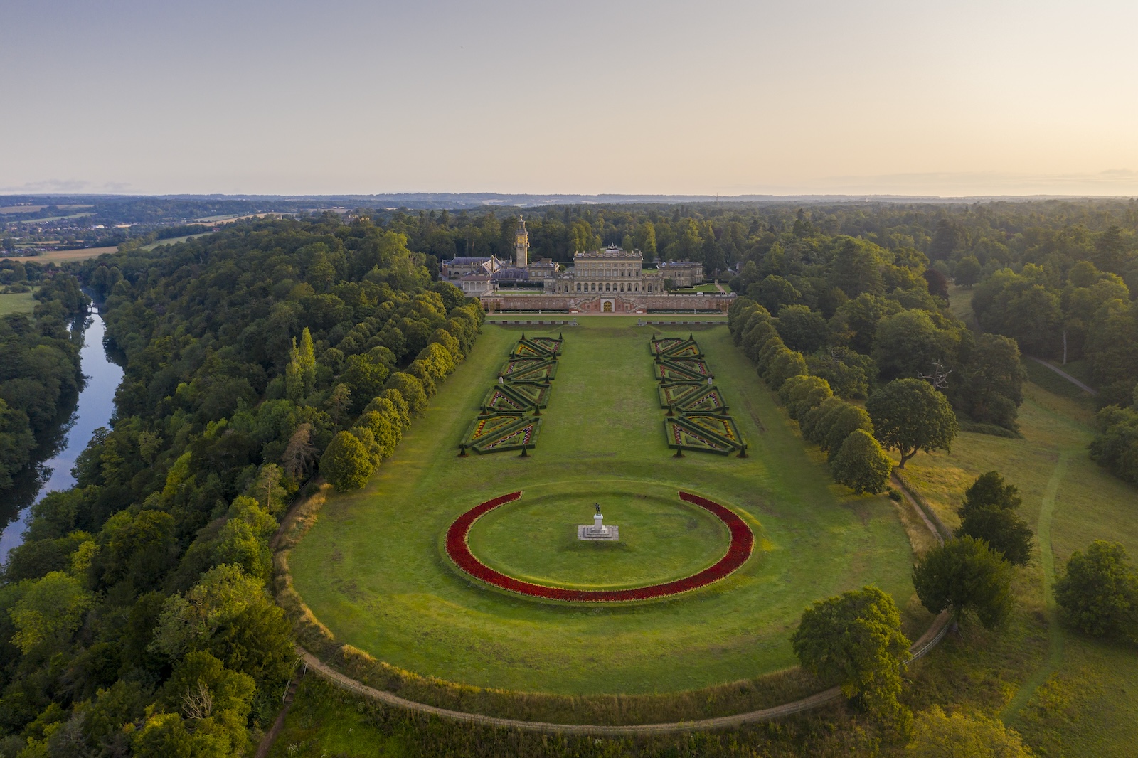 Aerial view of a large circular garden at Cliveden House, showcasing ...
