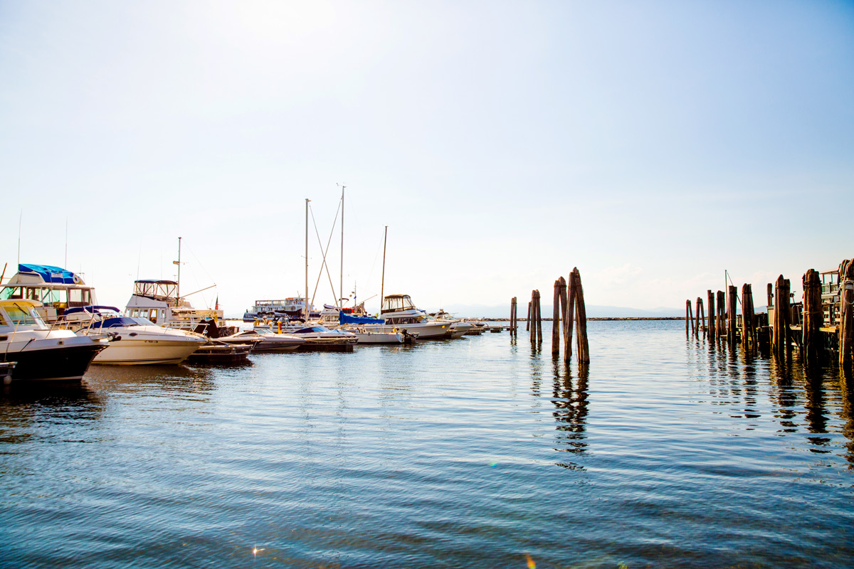 A collection of boats moored at a marina on Lake Champlain, New York ...