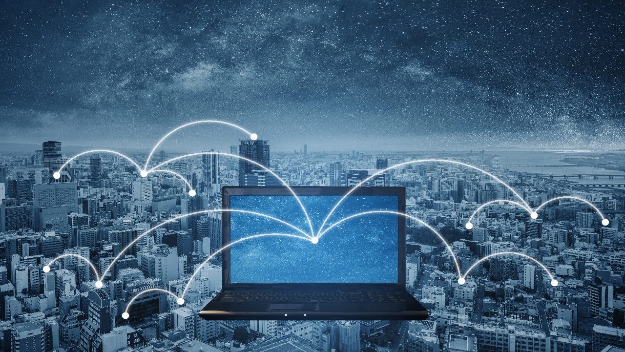 Computer notebook with network connection in the city Computer notebook with network connection in the city